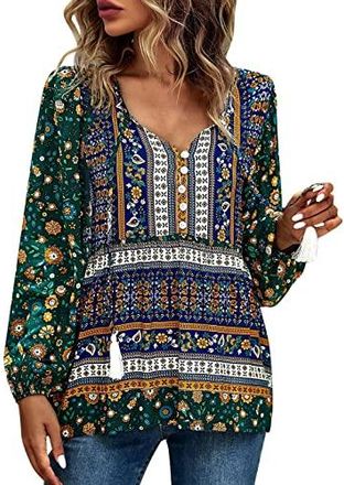 Generic Robe boh&egrave;me d&eacute;contract&eacute;e &agrave; col en V pour femme - Imprim&eacute; floral - Manches longues, Vert, S