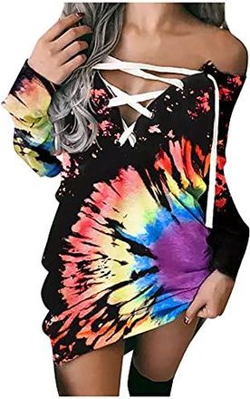 Generic Robes amincissantes 2026 pour femmes, robe &agrave; bretelles d&eacute;nud&eacute;es, col en V, manches longues, l&eacute;g&egrave;re, fine, imprim&eacute;e tie-dye, Orange, XXL