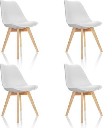 hjh OFFICE 4er Set Esszimmerstühle Scandi Massivholz Beine Buche, Stuhl Küchenstuhl gepolstert im Retro-Design, Kunststoff Weiß 661009