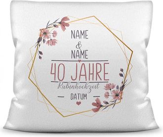 Tassendruck Kissen Hochzeitstag Rubin Hochzeit - mit Name & Datum selbst gestalten - 40 Jahre Ehe, Geschenk Hochzeit, Jubiläum, Jahrestag - Kissen Weiß flauschig,