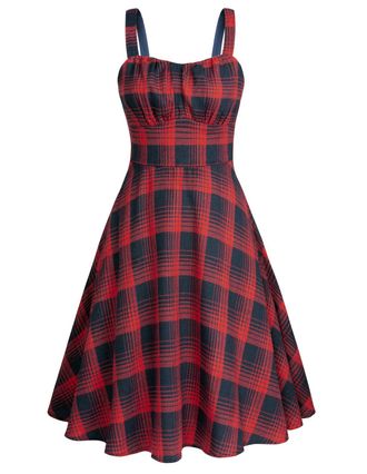 Belle Poque Vintage Ärmelloses Spaghettiträger Kleid Rüschenbesetzter Sweetheart Ausschnitt A-Linie Midikleid Flowy Swing Partykleid Rot Kariert XL