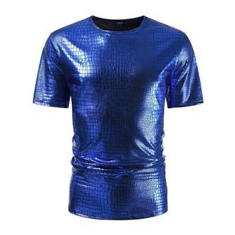 Generic T-shirt à paillettes métalliques pour homme - Uni - Manches courtes - Brillant - Haut de fête disco rétro années 70 - Costume amusant pour homme - Col