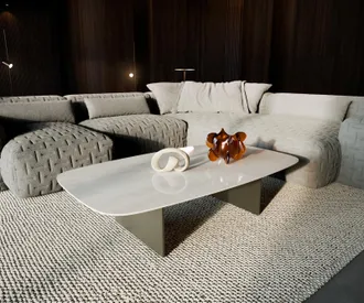 DELIFE Couchtisch Edge Boot 135x80 cm Keramik Onyx Champagne Salto Metall Effektfinish Titan, Couchtische