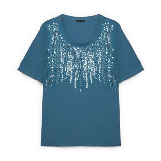Fiorella Rubino Baumwoll-T-Shirt mit Kaskaden-Pailletten - - Tops - Damen - Blau - 2XL