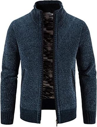Generic Cardigan en tricot doublé en polaire pour homme avec fermeture éclair intégrale - Manches longues - Couleur unie - Coupe ajustée - Automne et hiver - 