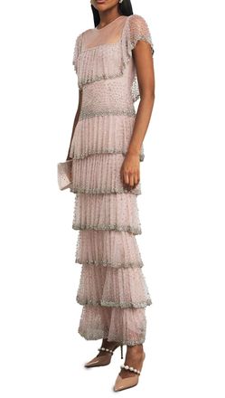 Costarellos Crystal Tiered Jesenia Gown Size S