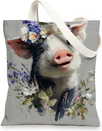 Generic Sacs fourre-tout en toile à motif de cochon mignon - Sacs dépicerie réutilisables - Légers et lavables - Sacs en toile pour salle de sport, extérieur,
