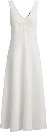Ralph Lauren Femme, Robes, Blanc, Taille: 44 FR Jupe Trap&egrave;ze Midi Sans Manches avec D&eacute;tails Crochet et Bordure Festonn&eacute;e &agrave; Col en V