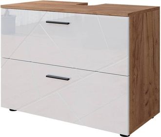 Vicco Waschbeckenunterschrank Weiß Hochglanz/Goldkraft Eiche Irma 80x59x41 cm - Unterschrank für das Badezimmer, Übersichtliche Aufbewahrung durch großzügig