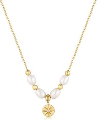 Ania Haie Collier moderne pour femme en argent sterling 925 plaqu&eacute; or 14 carats, serti dun zircon et de 15 pierres de couleur, taille : 38 cm + rallonge de 5 cm