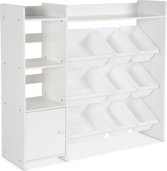 Sweeek Meuble de rangement enfant. blanc. 9 bacs de rangement. 4 étagères. 1 porte