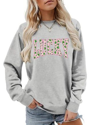 Generic Sweat-shirt porte-bonheur pour la Saint-Patrick pour femme - Motif tr&egrave;fle irlandais - Col rond - Manches longues - Pour femme, gris, XXL