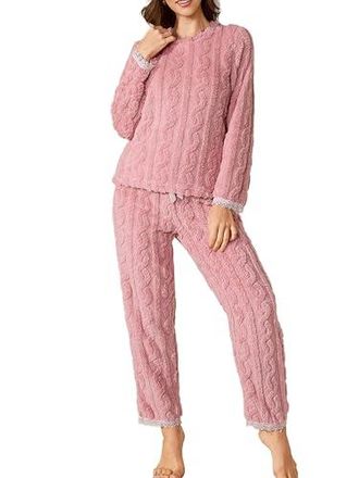 Generic Pyjama Femme Deux pièces Chaud, Ensemble Nuit épais col Rond, Tenue détente Hiver, Coupe Ample, vêtements de Nuit Solides