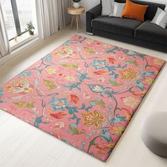 Generic Rose Tapis Chambre Ado Art D&eacute;co - Tapis Imprim&eacute; Lignes Fleurs Feuilles, Flanelle Doux Antid&eacute;rapant Poils Courts pour Gar&ccedil;on Enfant Salon Salle &agrave; Mange