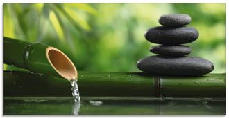 Artland ARTland Wanddeko Glasbilder Wandbild Glas Bild einteilig 100x50 cm Querformat Asien Wellness Zen Spa Steine Bambus Entspannung Grün S5YF