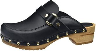 Sanita Lillen | Sabots Ouverts | Produit Original Fabriqué à la Main pour Femme | Sabots en Cuir avec Semelle en Bois | Semelle Durable | Noir | 36 EU