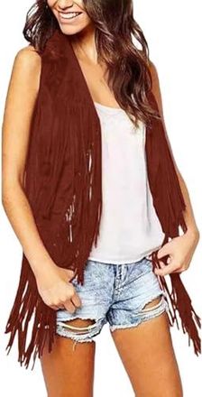 Generic Gilet &agrave; franges pour femme - Style western cowgirl - En daim synth&eacute;tique - Avec pompons - Veste en cuir - Cardigan - Style classique vintage ann&eacute;es 70