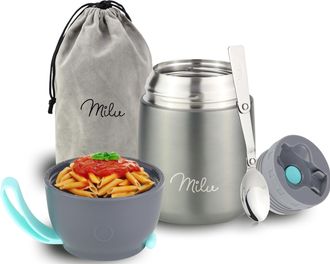Milu Thermobehälter für Essen 450ml, Edelstahl Warmhaltebehälter mit Löffel, Thermobecher Essen, Thermo Lunchbox für Kinder, Erwachsene, Thermobox Suppen, 