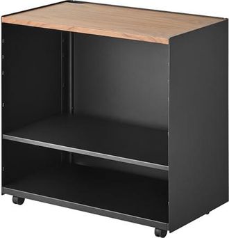 Yamazaki Tableware Yamazaki 1425 TOWER Halbgeschlossener Aufbewahrungswagen mit Holzablage, schwarz, Stahl/Holz/Nylon, minimalistisch, 35,3 x 60,3 x 59 cm