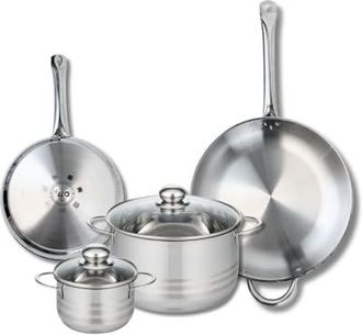 Fackelmann ELO 9879450 Batterie de cuisine 4 pièces, Ensemble de 2 Poêles de cuisson 24 et 32 cm et 2 faitouts 14 et 24 cm Elo Profi Brillant, inox, induction