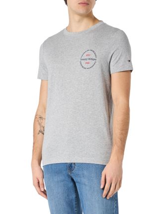 Tommy Hilfiger Herren T-Shirt Kurzarm Hilfiger Roundle Tee Rundhalsausschnitt, Grau (Light Grey Heather), M