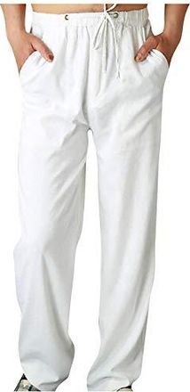 Generic Pantalon surdimensionn&eacute; en coton et lin pour homme - Tendance - Grande taille - Taille &eacute;lastique - Poches - Pantalon long et l&eacute;ger, blanc, 3XL