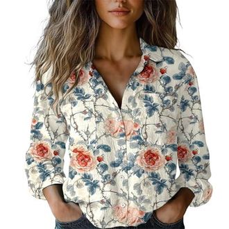 Generic Chemisier pour Femmes Coton Et Lin Chic D&eacute;contract&eacute;e Chemisiers Et Blouses D&eacute;t&eacute; &Agrave; Manches Longues &Agrave; Col en V L&acirc;che Hauts L&eacute;gers Comfy Tuniques Mode Co