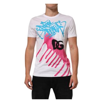 Dolce & Gabbana Dolce & Gabbana White Graphic Print Cotton Crew Neck T-shirt - - Tops - Herren - Mehrfarbig - M