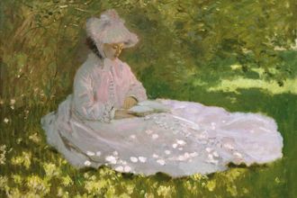 1art1 Claude Monet Poster Frühling, Lesende Frau, 1872 Bilder Leinwand-Bild Auf Keilrahmen | XXL-Wandbild Poster Kunstdruck Als Leinwandbild 120x80 cm