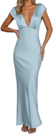 Generic Robe de bal longue en satin avec col en V et dos b&eacute;nitier - Robe de demoiselle dhonneur en soie pour femme, bleu clair, M