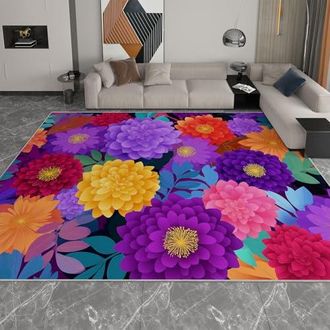 Generic Tapis de Salon Lavable en Machine 140 x 200 cm, Tapis &agrave; Faible Poil Antid&eacute;rapant avec Imprim&eacute; &Eacute;nergique &Eacute;l&eacute;gant Luxueux Floral - pour la Chambre &agrave; Cou
