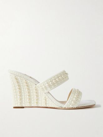 Jimmy Choo London Sandales Compensées En Satin À Perles Sacoria 85 - Blanc