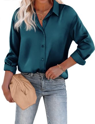 Beyove Bluse Damen Lässiges Hemd mit V-Ausschnitt Satin Seide Lockere Passform Oberteil Elegant Grün L
