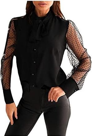 Generic Chemisier &eacute;l&eacute;gant pour femme - Chemise d&eacute;contract&eacute;e transparente &agrave; manches longues - Couleur unie - Noeud papillon - Tunique &agrave; col haut - L&eacute;ger - Tend
