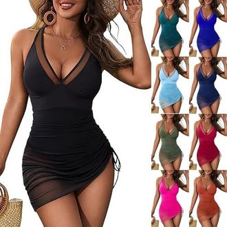 Generic Robe de bain une pi&egrave;ce pour femme - Grande taille - Col en V - Couverture compl&egrave;te - Sexy - Pour les silhouettes courbes, Noir, M