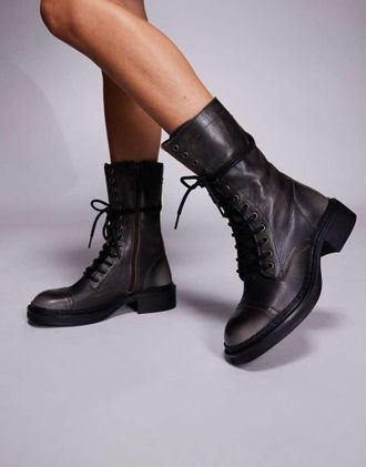 Steve Madden Rory DK - Bottes &agrave; lacets en cuir vieilli - Marron-Brown