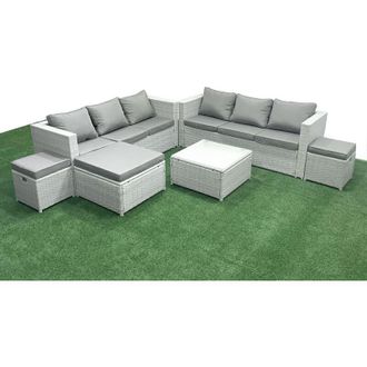 Fimous Gartenm&ouml;bel im Freien Polyrattan 9-Sitzer Rattan Garten Sofa Set mit 3 Hockern Hellgrau gemischt - Fimous