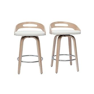 Miliboo Tabourets de Bar Design Bois Clair et polyur&eacute;thane Blanc 65cm (Lot de 2) Mano