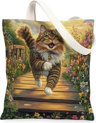 Generic Spring Maine Coons Sac fourre-tout en toile r&eacute;utilisable pour faire du shopping 33 x 38,1 cm, sac d&eacute;picerie r&eacute;utilisable pour femme, motif floral, pla