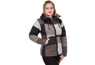 Kunst und Magie Strickjacke Damen Strickjacke Wolle Bunte Patchwork Jacke+Fleecefutter&Hochkragen
