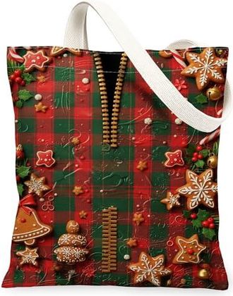 Generic Sacs fourre-tout en toile de pain d&eacute;pice de No&euml;l, motif biscuits de No&euml;l, sacs d&eacute;picerie r&eacute;utilisables, vintage, l&eacute;gers et lavables avec bandouli&egrave;re 3