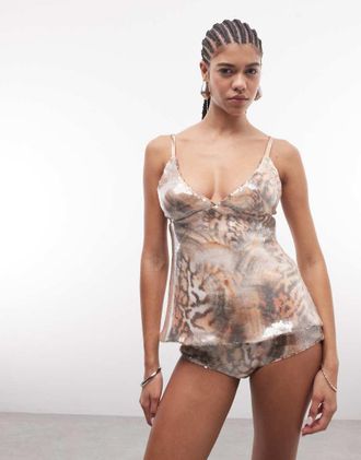 AFRM Tena - Caraco densemble en tulle &agrave; sequins avec ourlet &agrave; basque et imprim&eacute; animal - Marron-Multicolore