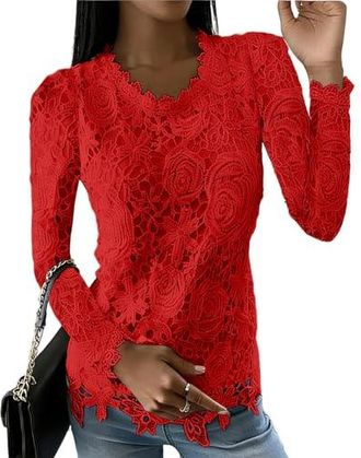 Generic T-shirt en dentelle &agrave; manches longues pour femme - &Eacute;l&eacute;gant - Manches longues - Broderie - Haut en dentelle avec fleurs - Tunique de vacances - D&eacute;contr