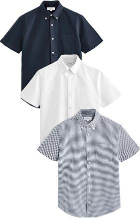 Next Homme Chemise Oxford 100% Coton &agrave; Manches Courtes, Lot de 3 Blanc/Marine/Vichy XXL