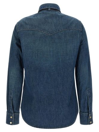 Valentino Garavani Polka Dot Ribbon-Trimmed Denim Shirt - Blue