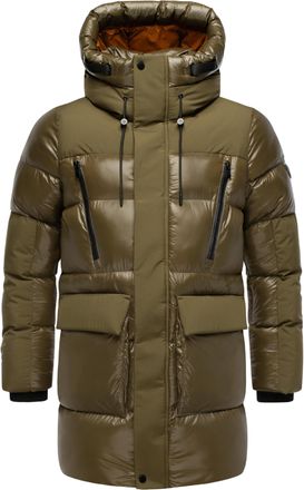 Stone Harbor Herren Winter Steppmantel lange warme Jacke in shiny Optik mit Brusttaschen, Magnetverschl&uuml;ssen und Kapuze Nelioon XX Khaki Gr. 3XL