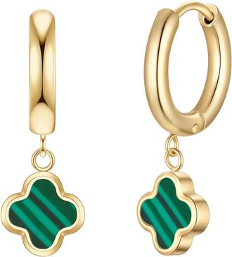 Glanzst&uuml;cke M&uuml;nchen Ohrringe - Edelstahl Creolen Malachit (synth.) Kleeblatt - Gr. unisize - in Gold - f&uuml;r Damen