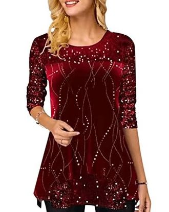 ORANDESIGNE T-Shirt &agrave; Manches Longues Femme Hauts Longs Paillettes Tunique Col Rond Hauts &agrave; Une &eacute;paule Chemisiers Grande Taille Paillettes Tee Shirt Longues Blous