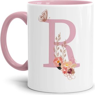 Tassendruck Buchstaben-Tasse mit Blumen - Buchstabe R - Innen & Henkel Rosa - Mug/Cup/Becher/Edel/Geschenk-Idee/Beste Qualit&auml;t - 25 Jahre Erfahrung