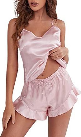 Generic Ensemble de pyjama 2 pi&egrave;ces en satin pour femme - Ensemble de pyjama court 2 pi&egrave;ces pour femme - Lingerie confortable - Ensemble de pyjama caraco et s